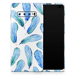 DesignSkinz Blue Watercolor Feather Pattern Protective Vinyl Decal Wrap Skin Cover Compatible with The Samsung Galaxy S20 (Screen Trim & Back Glass Skin)