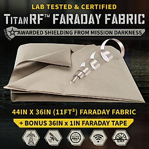 TitanRF Faraday Fabric Kit Includes 44"W x 36"L TitanRF Fabric + 36"L TitanRF Tape + Instructions. Military Grade Conductive Material Shields RF Signals (WiFi, Cell, Bluetooth, RFID, EMF Radiation).