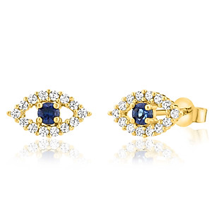 Solid 14k Yellow Gold Evil Eye Stud Earrings with Sparkling Cubic Zirconia (Yellow Gold)