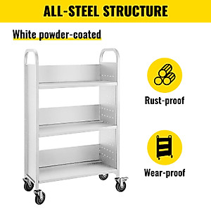 VEVOR Book Cart, 200lbs Library Cart, 30x14x49 Inch Rolling Book Cart Single Sided L-Shaped Flat Shelves with 4 Inch Lockable Wheels, for Home Shelves Office and School Book Truck in White