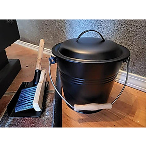 Mini Ash Bucket with Shovel, Gloves and Hand Broom, 1.5-Gallon Pail with Lid, Metal Bucket Coal and Ash Carrier Wood Pellet Storage Container Tool Set for Fireplace Fire Pit, Iron Ash Stove