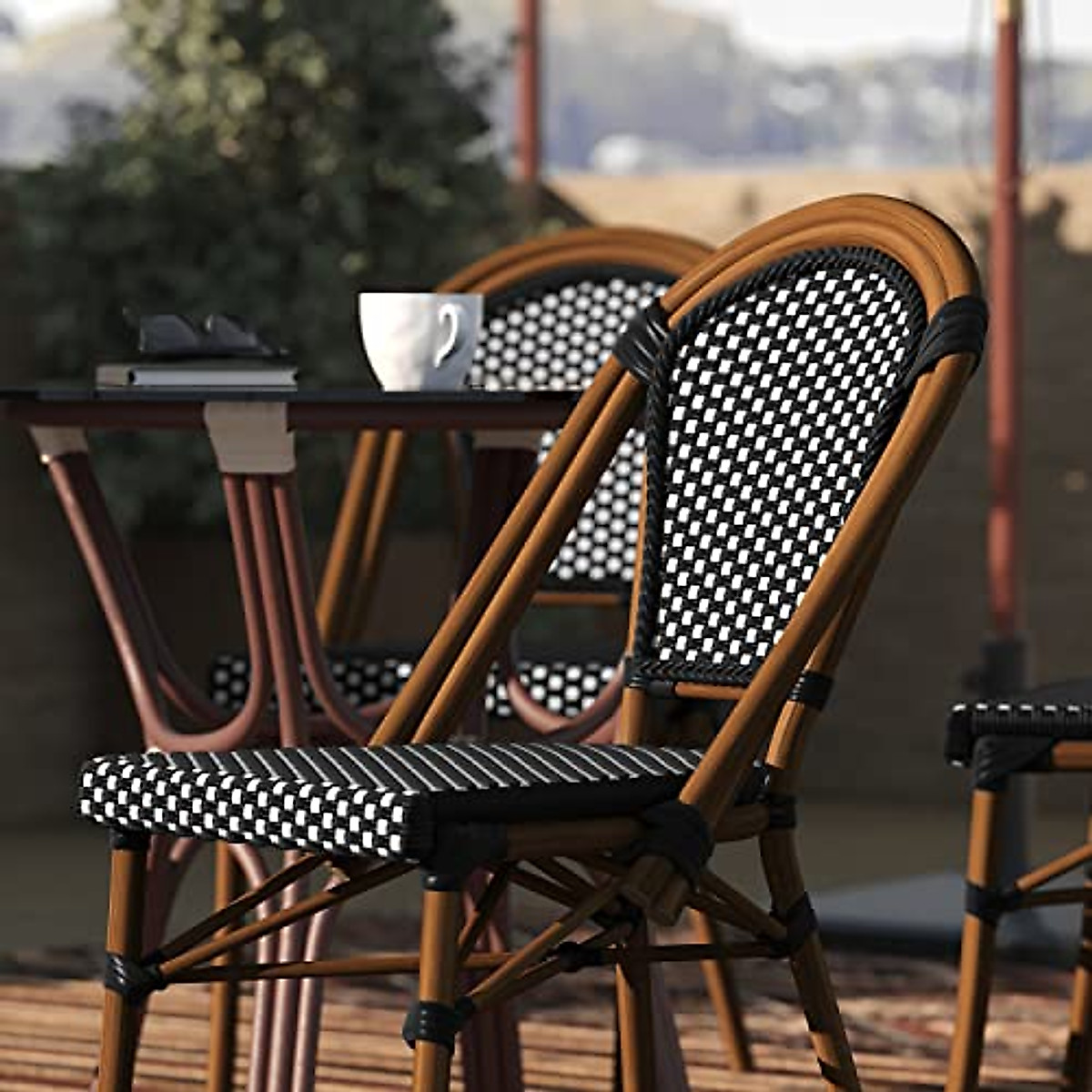 Taylor & Logan Nadia Indoor/Outdoor Stackable Bistro Chairs in Black/White PE Rattan with Bamboo Print Frame, Set of 2