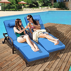 NOBLEMOOD Outdoor Lounge Chairs Set of 2 Beach Wikcer Chaise Lounge with Wheels, Cushion, Adjustable Backrest for Outside Pool Sun Shelf Tanning Bathing (Blue)