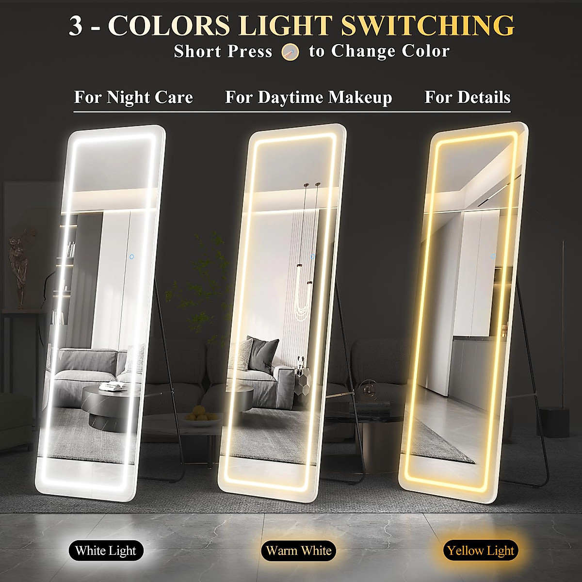 LVZORY 63"x20" Full Length Floor Mirror Dimming Lights Bedroom Tall Full-Size Body Lighted Free Standing Wall Mounted Hanging Dressing Mirror Touch Control (White 20"),