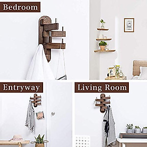 Coat Hooks for Wall, Walnut Wood Wall Hooks with 5 Swivel Foldable Arms, 12'' Length Wall Coat Rack Hat Hooks for Bathroom Entryway Bedroom Office Kitchen, Heavy Duty