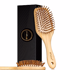 Bamboo Hair Brush with Paddle - Rounded Wood Bristles for Detangling and Gently Massaging Scalp by BFWood, Reduces Frizz and Static