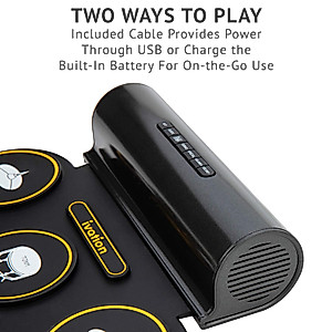 Ivation Portable Electronic Drum Pad - Digital Roll-Up Touch Sensitive Drum Practice Kit - 7 Labeled Pads 2 Foot Pedals Kids Children Beginners (with Speaker and Built in Rechargeable Battery)