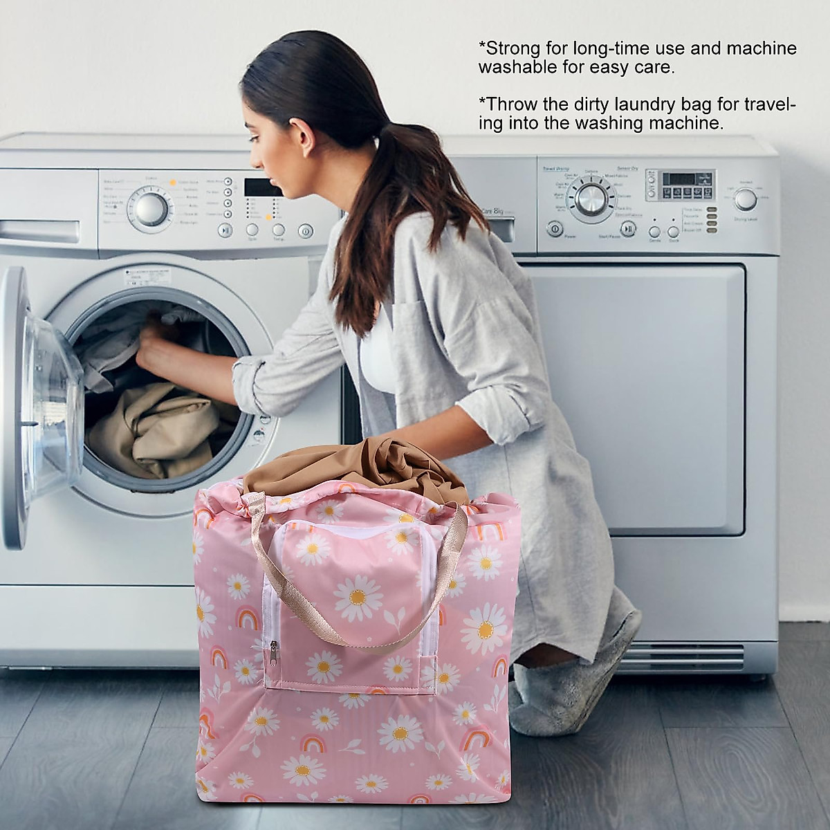 SANFERGE 2 Pack Travel Laundry Bag with Handle and Drawstring, Expandable Foldable Dirty Clothes Bags with Hook and Zipper, 23*20 inch, Cartoon 1 White + Pink