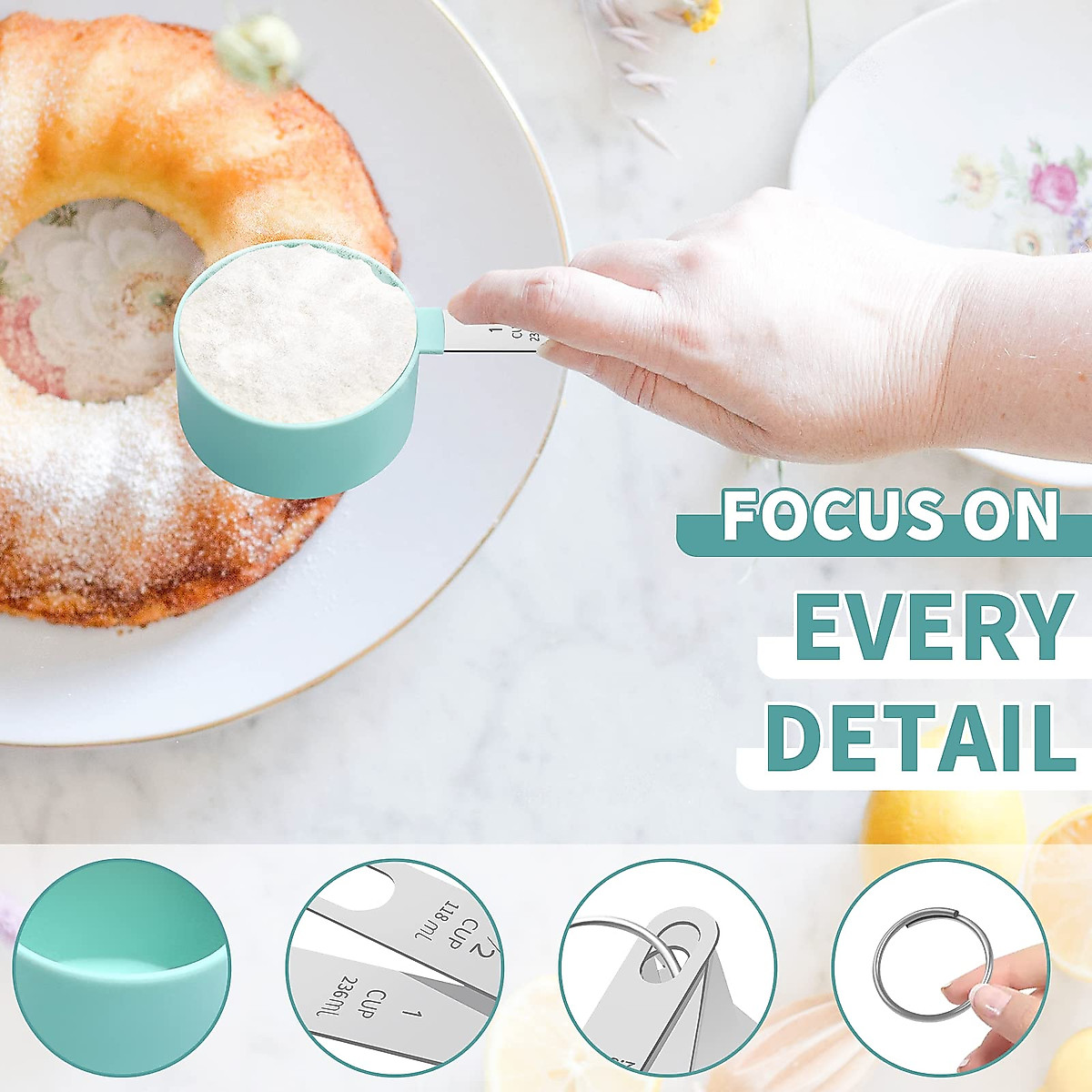 Measuring Cups Set Measuring Spoons Set, Nesting Measure Cups with Stainless Steel Handle, For Measuring Dry and Liquid Ingredients Small Teaspoon with Plastic Head (Mint Green)