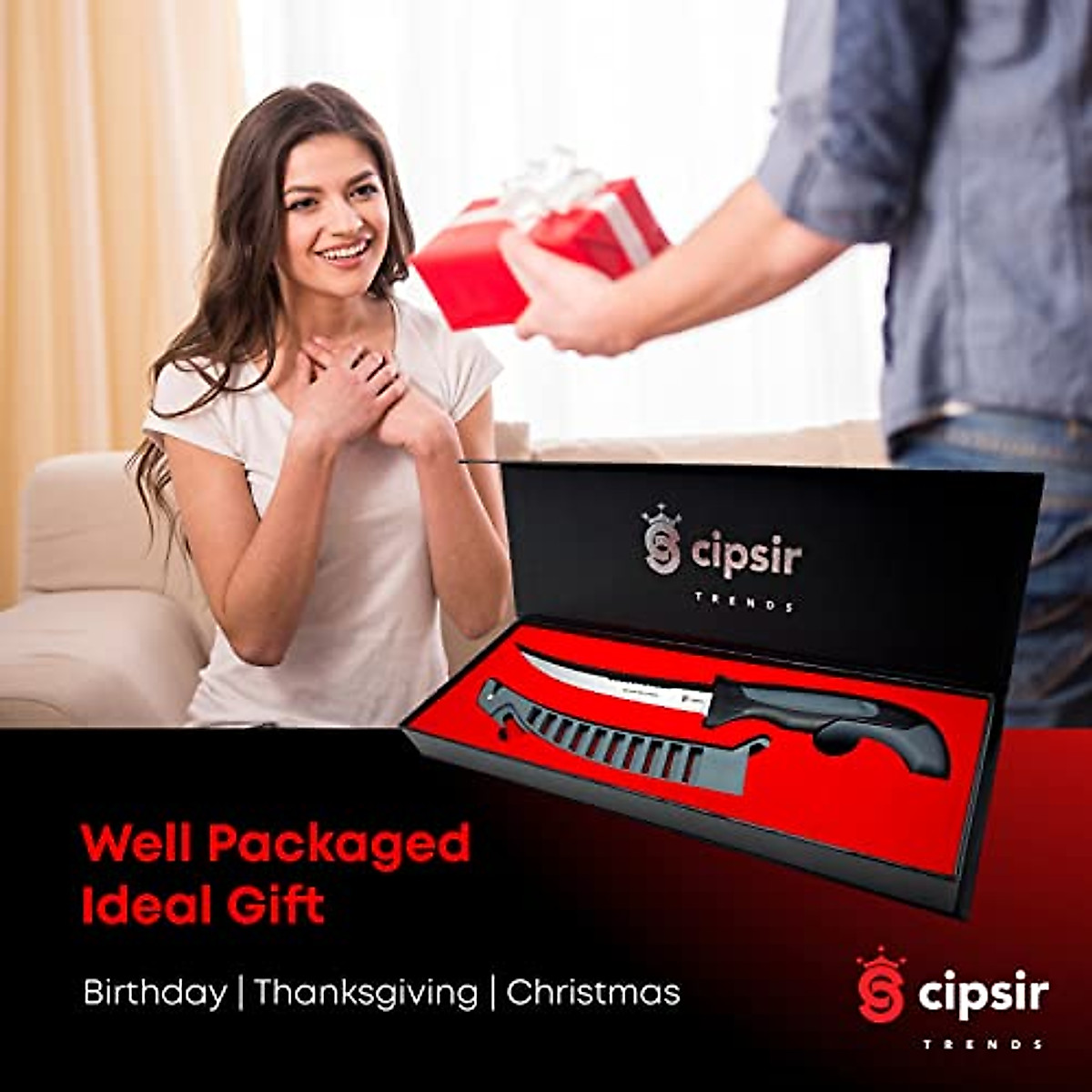 Meat and fish Fillet Knife - Curved salty water resistant german steel 7 inch blade with sheath, sharpener and gift box, ideal for filleting and deboning indoor or outdoor.