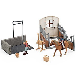UANDME Horse Stable Playset Toys with Horse Wash Area Toy Figures for Boys and Girls Ages 5-12 Years Old, 13 Pieces Horse Stall Horse Barn Set with Tennessee Mare Horse