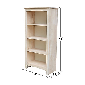 IC International Concepts Shaker Bookcase, 48-Inch Height, Durable Solid Wood Construction, 5 Adjustable Shelves, Home Office Furniture - Unfinished