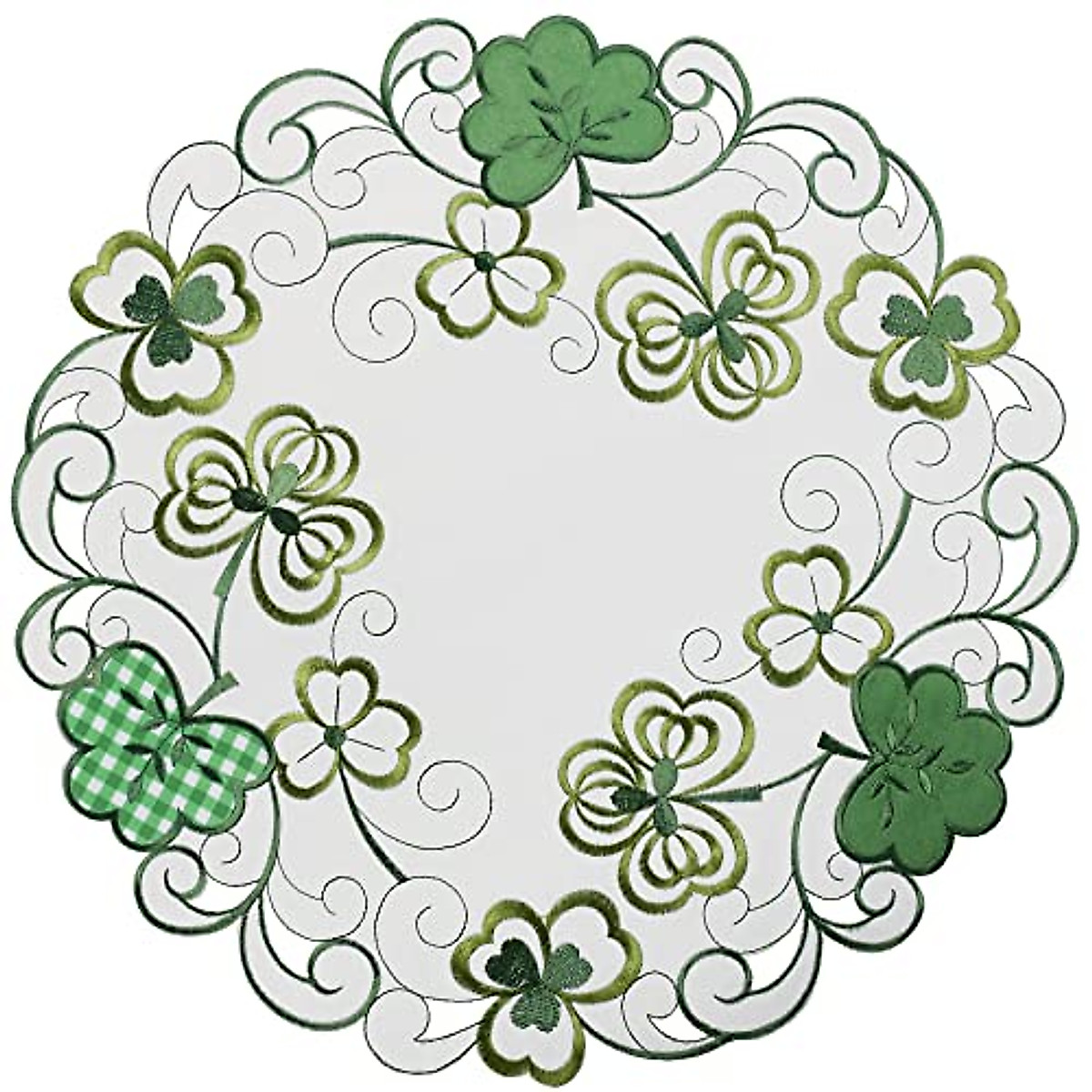 OWENIE St Patrick's Day Round Shamrock Placemats Set of 4, Embroidered Irish Clover Cutwork 15 Inch Placemats,Green Table Mats with Lucky Shamrocks, Round Doilies for Kitchen Dining Table