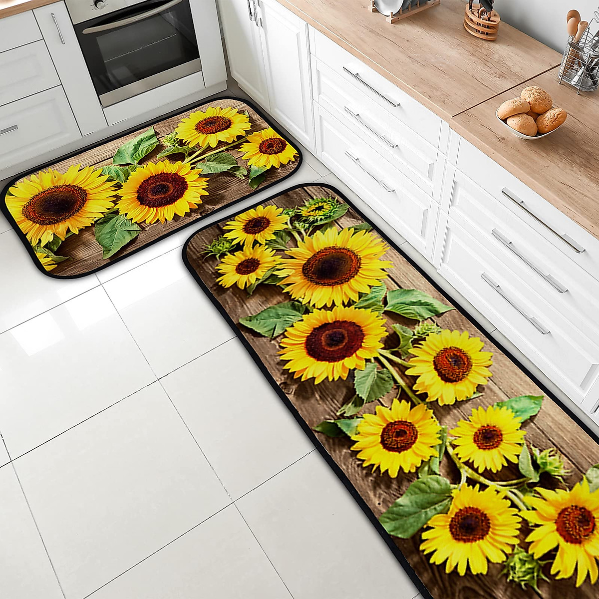 TsingZa Kitchen Rug Set Standing Mat 2 Piece Sunflower Vintage Board, Non Slip Kitchen Floor Mat, Absorbent Runner Carpets for Sink (18”x58”+18”x29”)