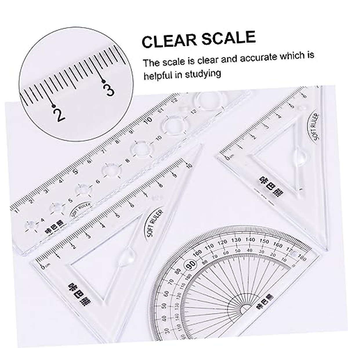 Operitacx 4 Set Clear Ruler Math Protractor Straight Ruler Triangular Ruler Geometry Ruler Ruler Suit Tools for Rulers Plastic Ruler Stationery Unisex to Draft