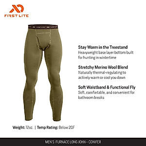 First Lite Men's Furnace Long John - Heavyweight Merino Wool Base Layer Pant Bottoms - Conifer - X-Large