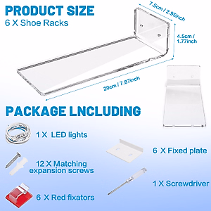 DILIBRA Set of 6 Floating Shoe Display Shelf with Lights, Glow Color Changing Clear Acrylic Shoe Shelf for Wall, Levitating Sneaker Shelves Wall Mount for Display Your Top Shoes Collection