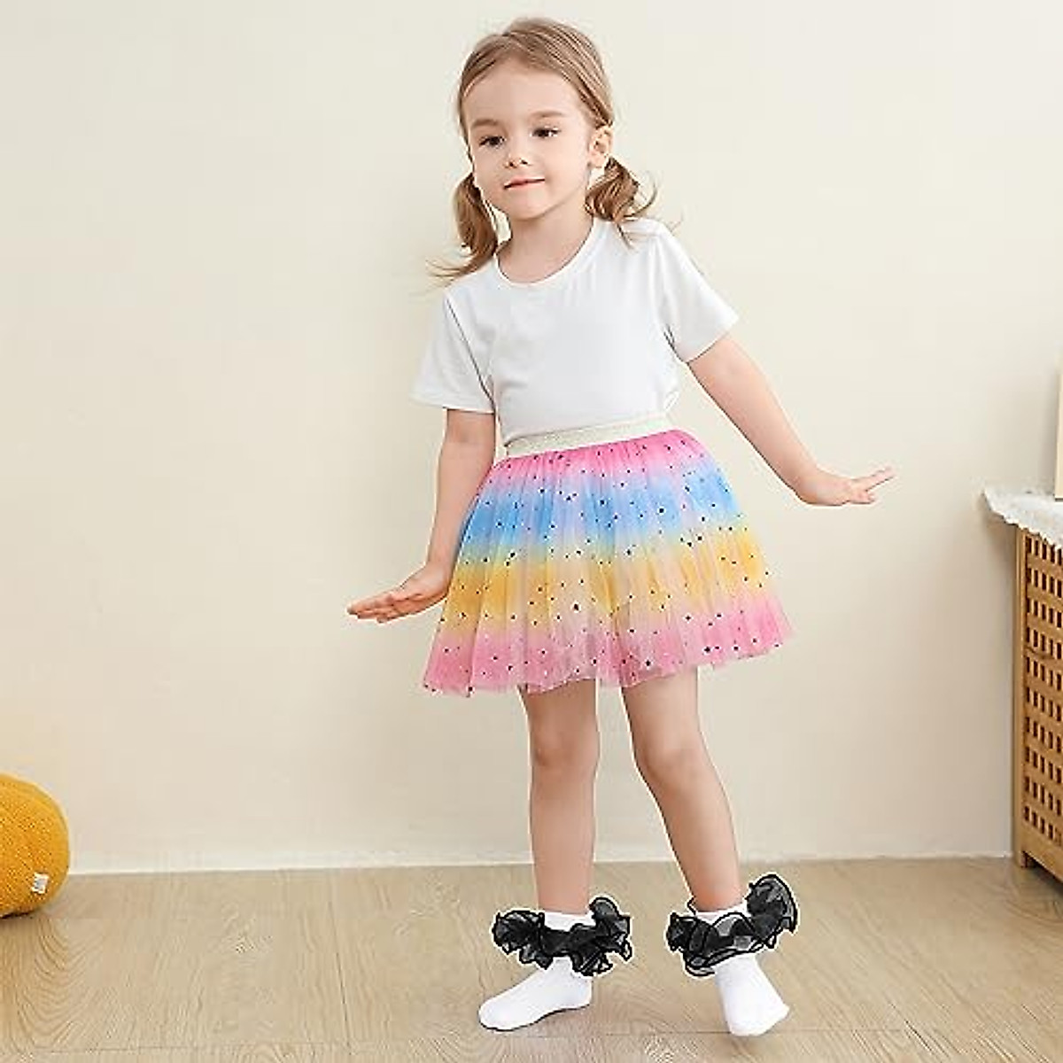 Zando Girls White Ruffle Socks Big Double Lace Turn Cuff Dress Socks Girl Ruffle White Socks Cute Lace Socks for Girls 6-8 Frilly Ankle Dress Sock 3/Black 5-7 Years