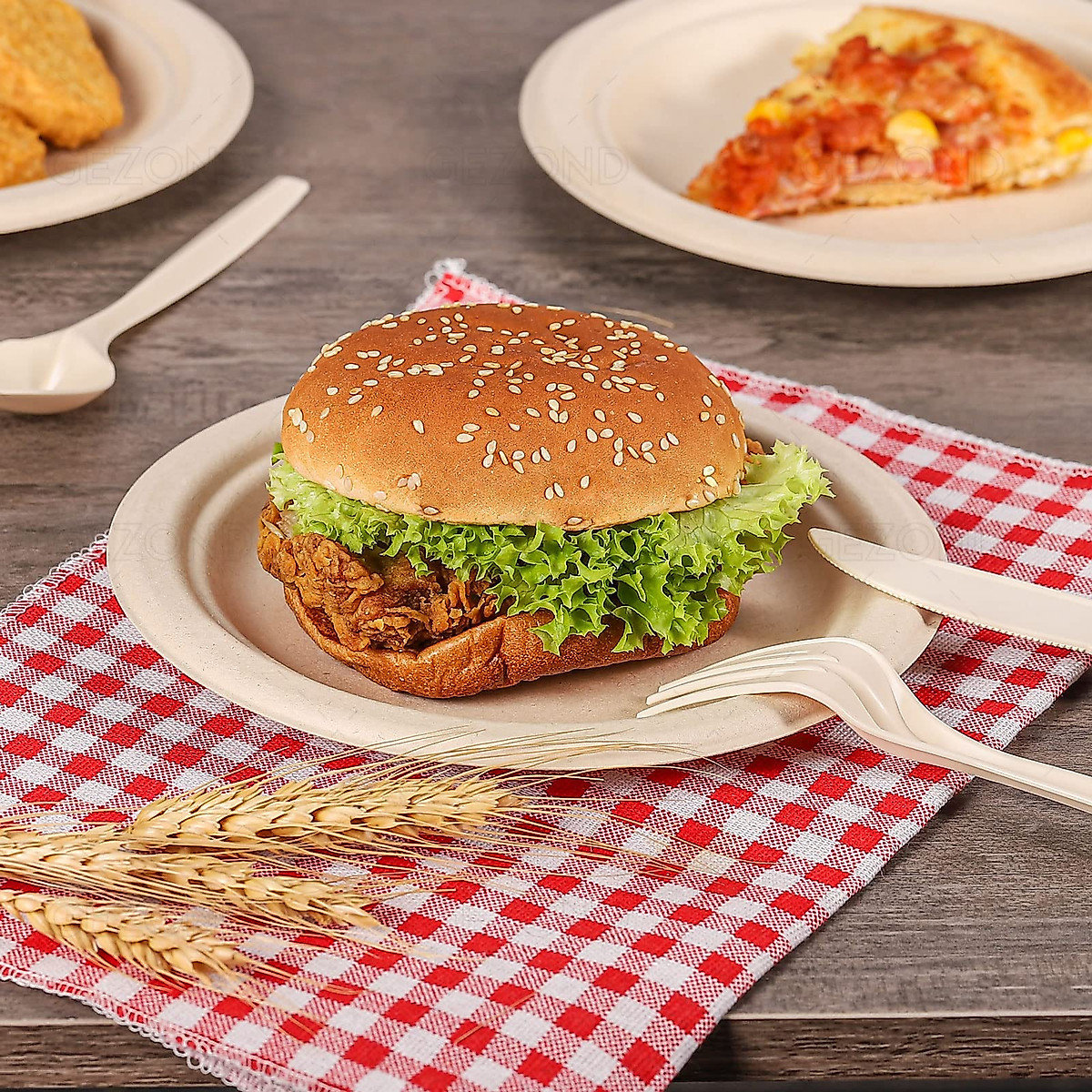 Gezond 100% Compostable Paper Plates 7 Inch, 150pcs Disposable Heavy-Duty Plates Unbleached Biodegradable Plate Made of Sugarcane Fiber