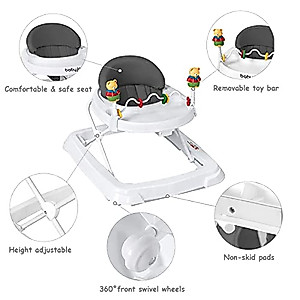 INFANS Foldable Baby Walker, Toddler Activity Walker Helper with Adjustable Height, Safety Belt, High Back Padded Seat for Kids Boys and Girls (Gray)