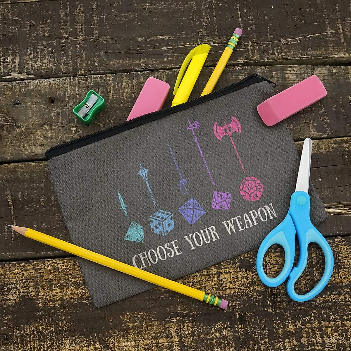 Choose Your Weapon Dungeon RPG Dice Pencil Pen Organizer Zipper Pouch Case