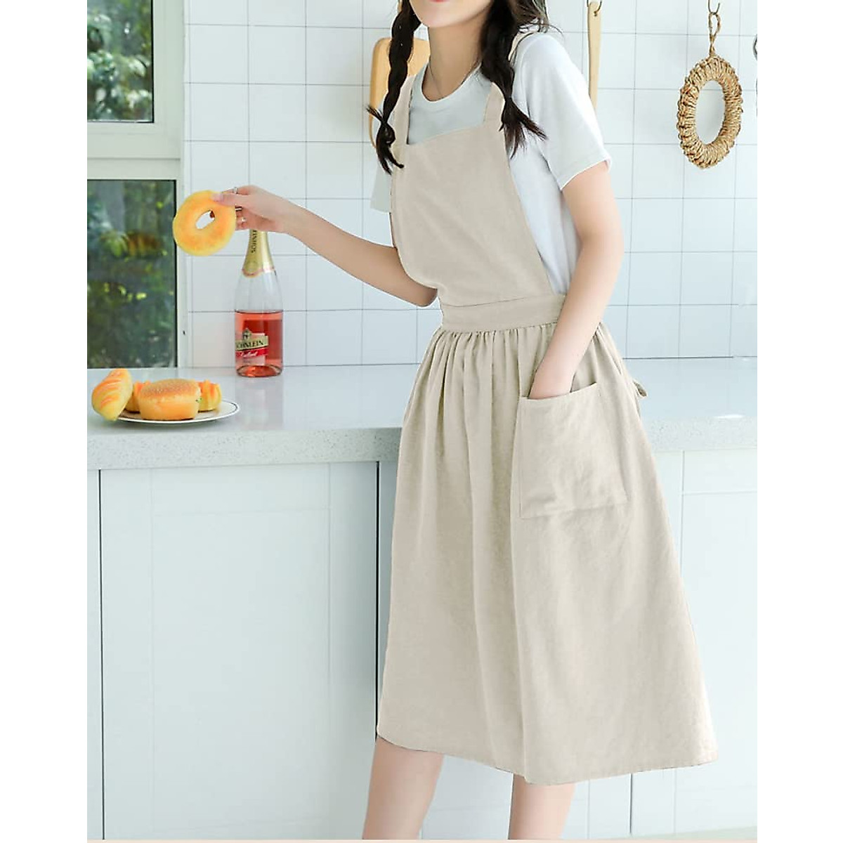 Cute Retro Cotton Linen X-Back Aprons Home Kitchen Garden Art Painting Pinafore Florist Shop Overalls (Beige, 39L)