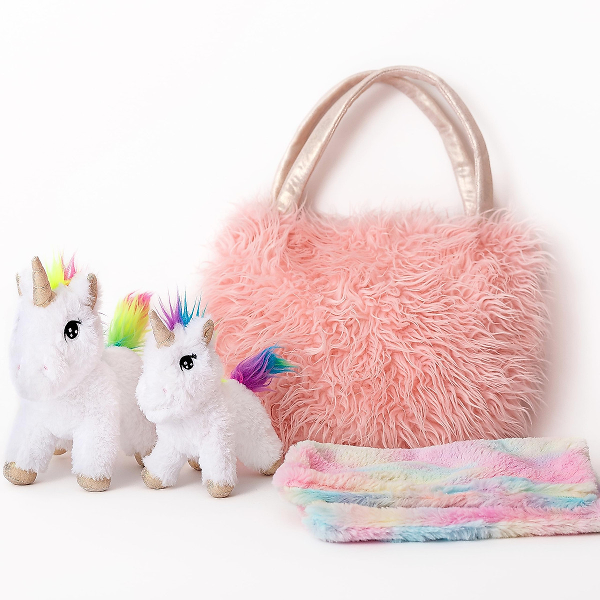 Perfectto Design Unicorn Toy for Girls Age 3-10; 4 PCS Set - Mommy and Baby Stuffed Animals, Bag and a Doll Blanket. Unicorn Gift for 3-8 Year Old Birthdays and Christmas
