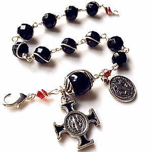 elegantmedical HANDMADE SILVETR Wire Wrap Black Agate Prayer Beads Bracelet Rosary Cross Catholic