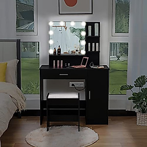 USIKEY Vanity Table Set with Lighted Mirror & Charging Station, Makeup Vanity Table with 1 Drawer, 1 Storage Cabinet, 10 LED Lights, Dressing Tables Vanity Desk with Cushioned Stool for Bedroom, Black