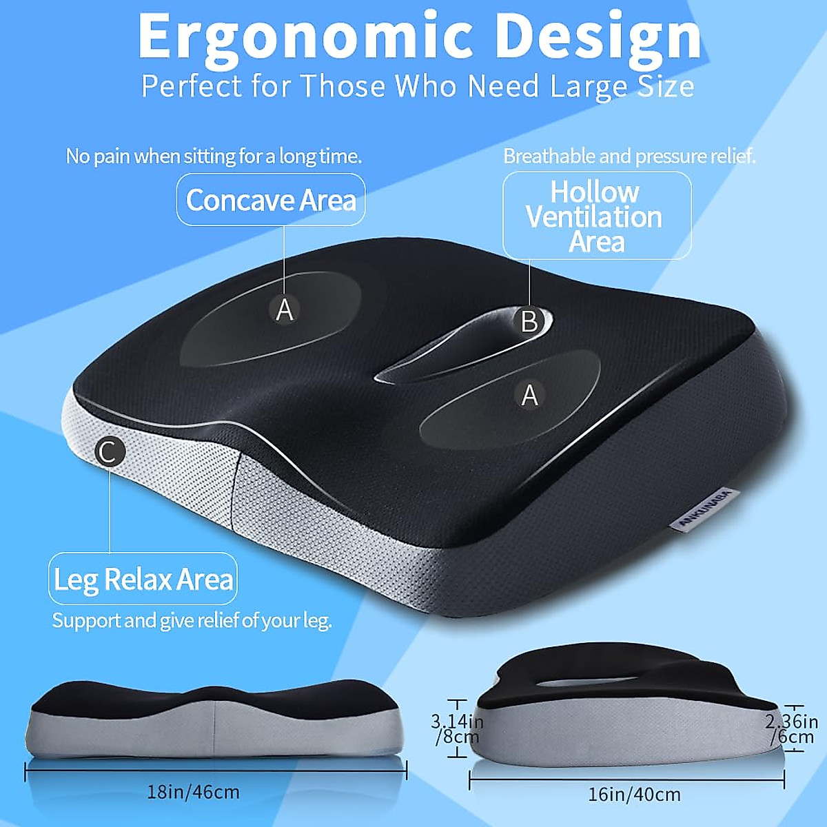 ANKUNABA Seat Cushions for Office Chairs, Large Memory Foam Chair Pad for Coccyx Tailbone Sciatica Back Pain Relief, Orthopedic Butt Pillow for Desk Car Wheelchair Computer Long Sitting (Black)