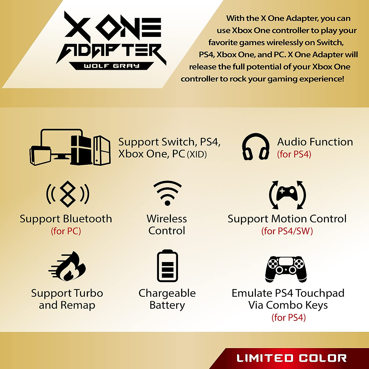 Brook X ONE Adapter with Drawstring Bag - Wireless Rechargeable Battery Converter for Xb One Controller Adapter on PS4, Switch, PC(XID), XB Gaming Converter - Wolf Gray