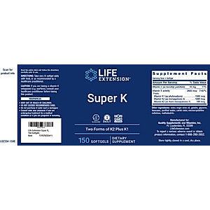 Life Extension Super K, 150 Softgels, with Vitamin K1 and K2 - MK4 & MK7
