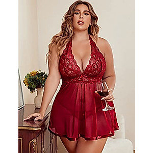 Avidlove Plus Size Lace Babydoll Lingerie For Women Sexy Nighty Mesh Deep V Sleepdress Cardinal Red