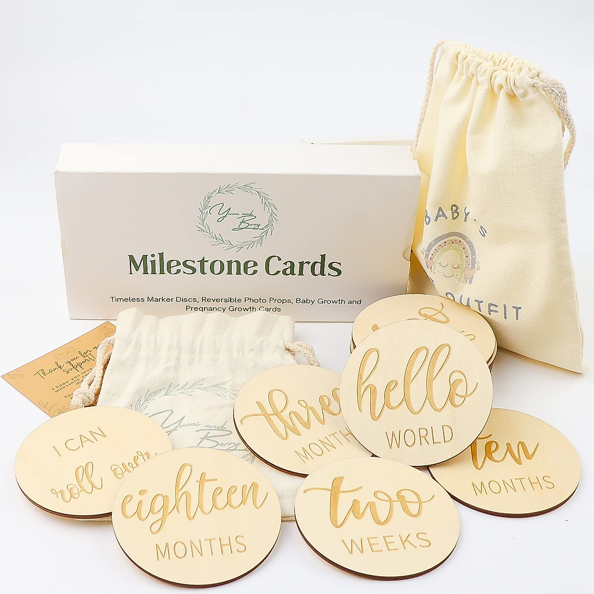 Yumi and Berry Baby Milestone Cards from Newborn to 2 Years Wooden Monthly Discs Comes with Hello World Sign Weekly Wood Dics - Month Signs (Wild Brave 15 Pieces Set) beige