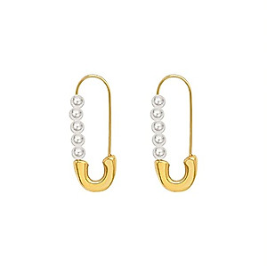 Retro Pearl Safety Pin Cartilage Hoop Earrings for Women Girls Stainless Steel Imitation Pearls Cute Hoops Dangle Drop Fashion Hypoallergenic Jewelry Gifts 25mm (Gold)