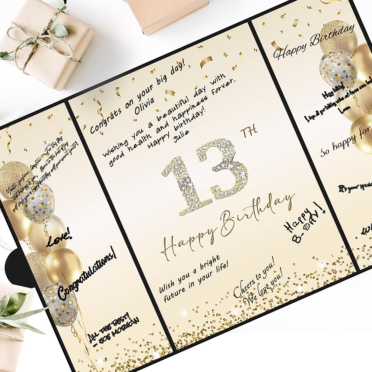 DARUNAXY Black Gold 13th Birthday Party Decorations, Happy 13th Birthday Alternative Signature Guest Book for Boys & Girls Sweet 13 Years Old Gifts 13 Birthday Signing Card Board Party Supplies