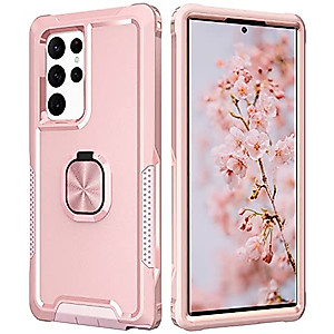 LONTECT for Galaxy S22 Ultra 5G Case with Ring Holder Kickstand 3 in 1 Shockproof Heavy Duty Hybrid Sturdy High Impact Protective Case for Samsung Galaxy S22 Ultra 5G 2022, Rose Gold