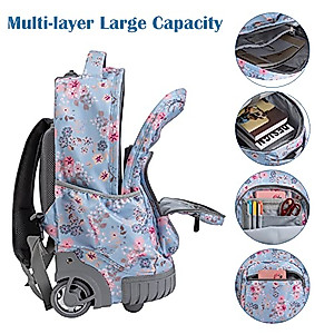 SKYMOVE 18 inches Wheeled Rolling Backpack Multi-Compartment Elementary Books Laptop Roller Bag Short Trip Carry-on for Women and Girls, Light Blue Flowers