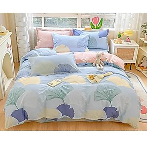 Generic 100% Cotton Duvet Cover Set for King Queen and Twin, Full Size Blue Leaf Print Double Bed Quilt Cover with 2 PCs Pillowcase with Zipper Closure (Full)