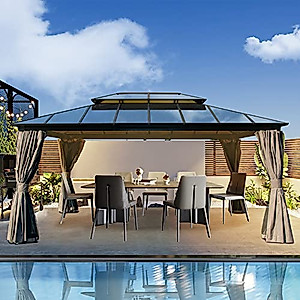 Domi 12' X 16' Hardtop Gazebo, Permanent Outdoor Gazebo with Polycarbonate Double Roof, Aluminum Gazebo Pavilion with Curtain and Net for Garden, Patio, Lawns, Deck, Backyard