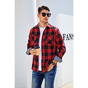 WARHORSEE Flannel Shirt for Men Long Sleeve Regular Fit Button Down Casual Plaid Shirt,RED,L