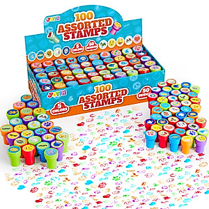 JOYIN 100PCS Assorted Stamps for Kids Self-Ink Stamps for Party Favor, Teacher Stamps, Kids Treasure Box, Prize for Classroom, Easter Egg Stuffers (50 Designs, Dinosaur, Halloween Stampers)