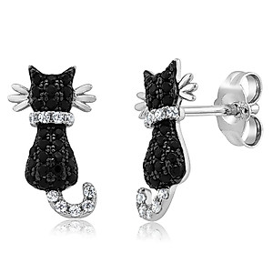Gem Stone King 925 Sterling Silver Black and White Cubic Zirconia CZ Cat Stud Earrings For Women (0.54 Cttw, 1/2 Inch)