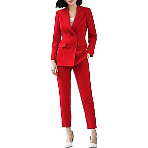LISUEYNE Women’s Two Pieces Blazer Office Lady Suit Set Work Blazer Jacket and Pant (Red, Medium)