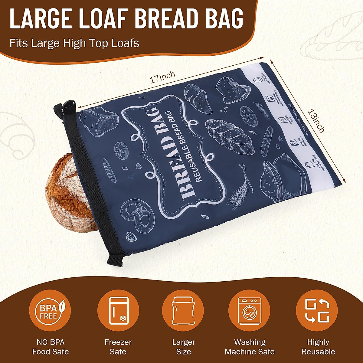 Ciciany Bread Bags, 2 Packs Bread Bags to Keep Fresh, Reusable Zipper for Homemade Loaf, Freezer Storage Bag, Container, Fresh Keeping Extra Large Bags, Food Bag