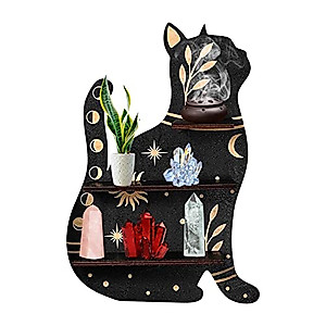 Frifer Cute Wall Crystal Shelf - Wooden Cat Moon Crystal Shelf - Wall Mounted Crystal Display Shelf Decorative Organizer Floating Shelves for Living Room Yoga Room