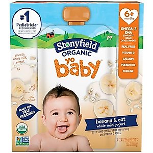 Stonyfield Organic YoBaby Whole Milk Banana & Oat Yogurt Pouches for Babies 6 Months & Older, 3.4 oz., 4 Ct