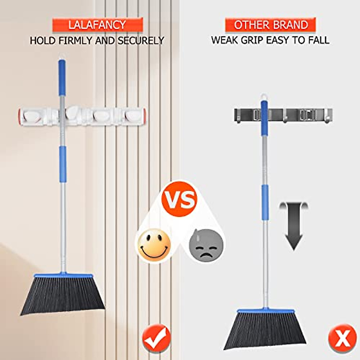 Lalafancy 2 Pack Mop Broom Holder Wall Mount, Broom and Mop Organizer Wall Hanging with Movable Sliding 4 Slots and 3 Hooks, Broom Hanger Storage Rack for Kitchen, Laundry Room