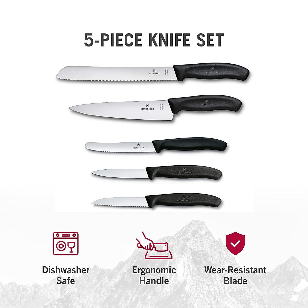 Victorinox Swiss Classic Kitchen Knife Set, 5 Pieces - Paring Knives, Utility Knife, Carving Knife and Bread Knife - Black, Multiple