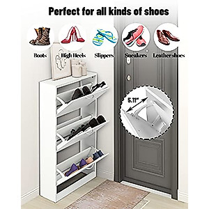 HOPUBUY Narrow Shoe Cabinet for Entryway, White Shoe Storage Cabinet, Slim Flip Down Shoe Rack 3 Tier Shoe Organizer for Home and Apartment